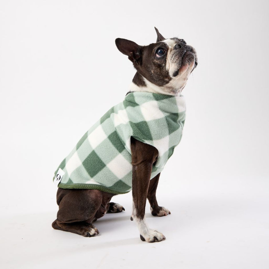 Fleece Dog Coat | Back Zip Style | Green Gingham | Snoot Style
